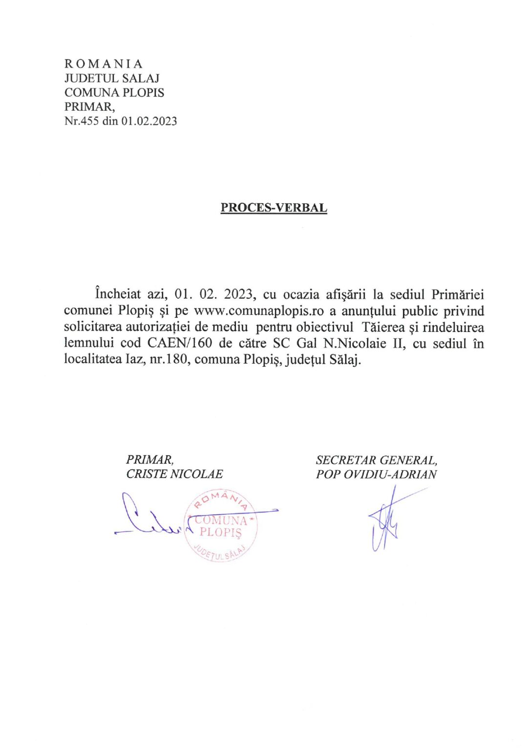 Solicitare autorizație de mediu - Comuna Plopiș